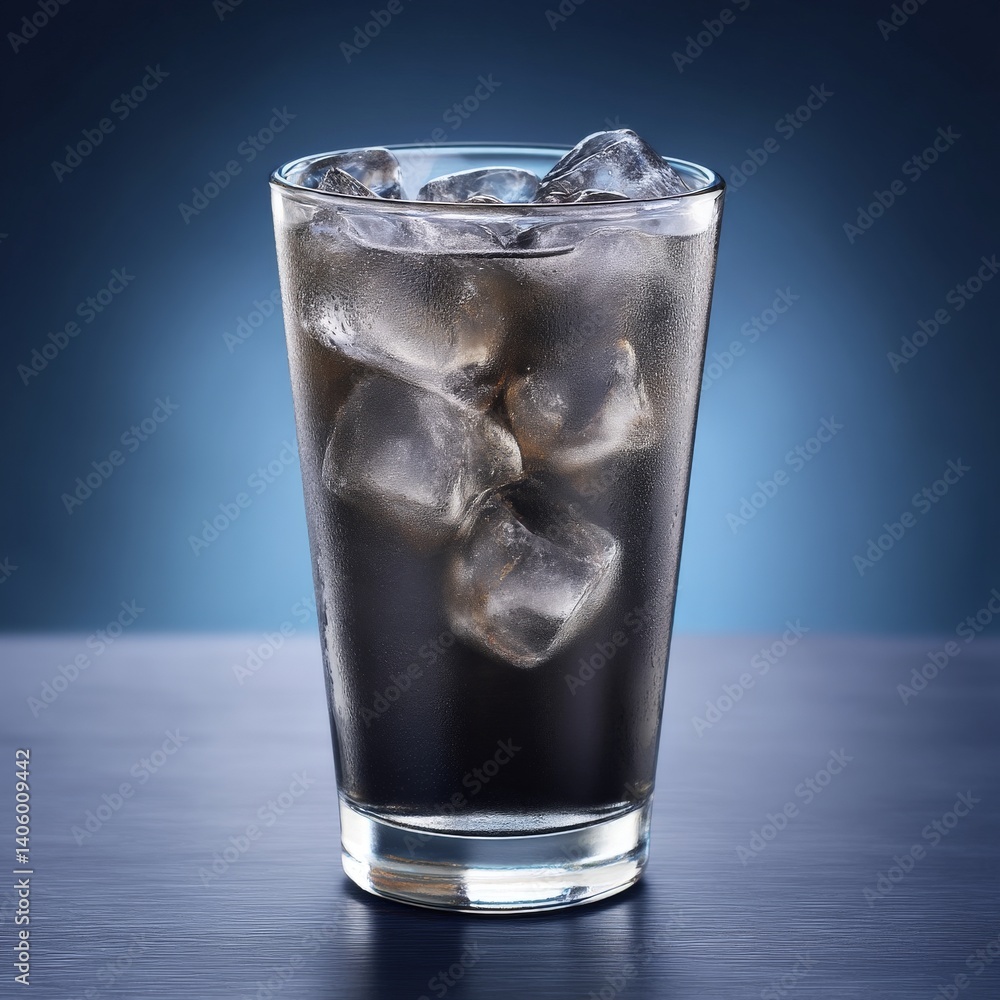 Cold beverage in transparent glass with ice cubes captured against blue ...