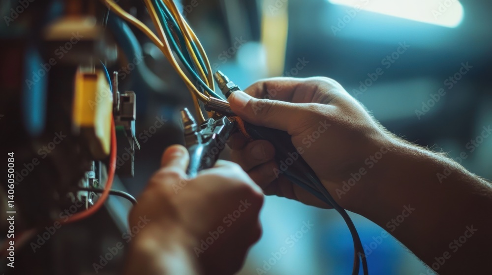 Electrician repairing wires at a residential building. Featuring ...