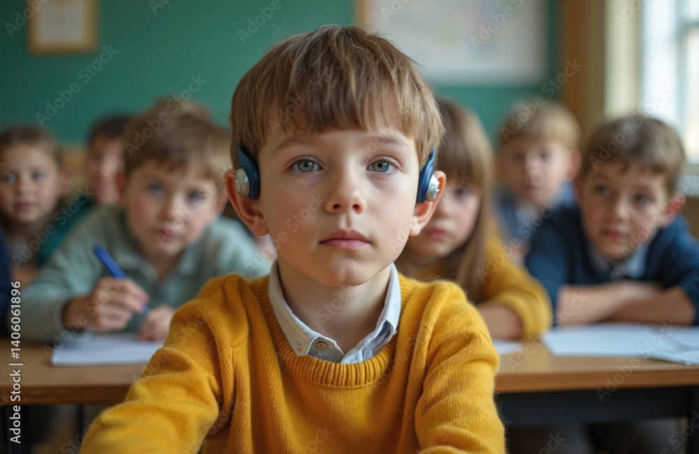 Young boy with hearing aids in classroom. Cute preteen wearing yellow ...