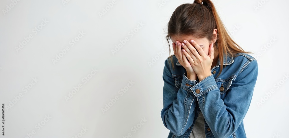 Young woman in denim jacket hides face hands. Expression of ...