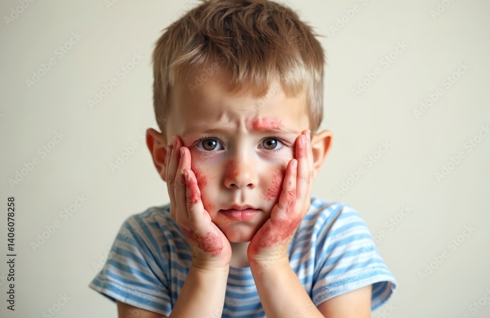 Sad toddler with severe allergic reaction or eczema on face and hands ...