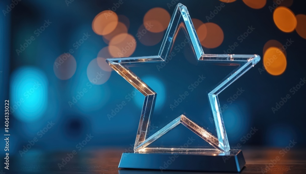 Glass star award stands on dark surface. Symbol of achievement ...