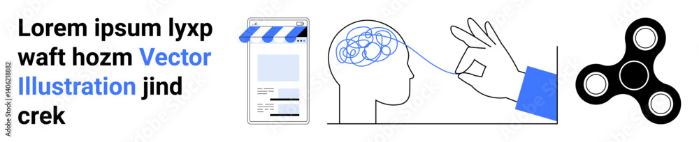 Mobile app layout preview, brain with evolving mental process, spinning ...