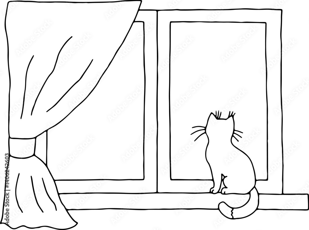 outline of a cat sitting on a windowsill and looking out the window ...