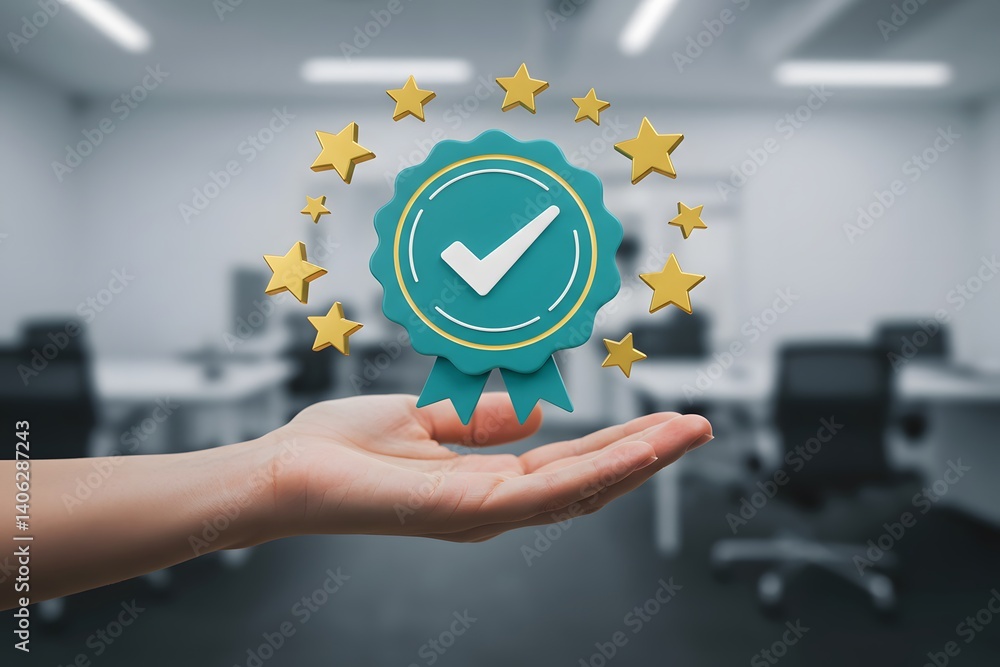 floating above open palm, Concept of ISO certification and quality ...