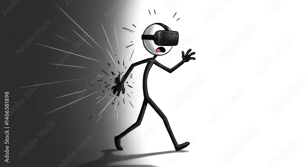 Running Stick Figure Wearing VR Headset Breaking Through Dark Barrier ...
