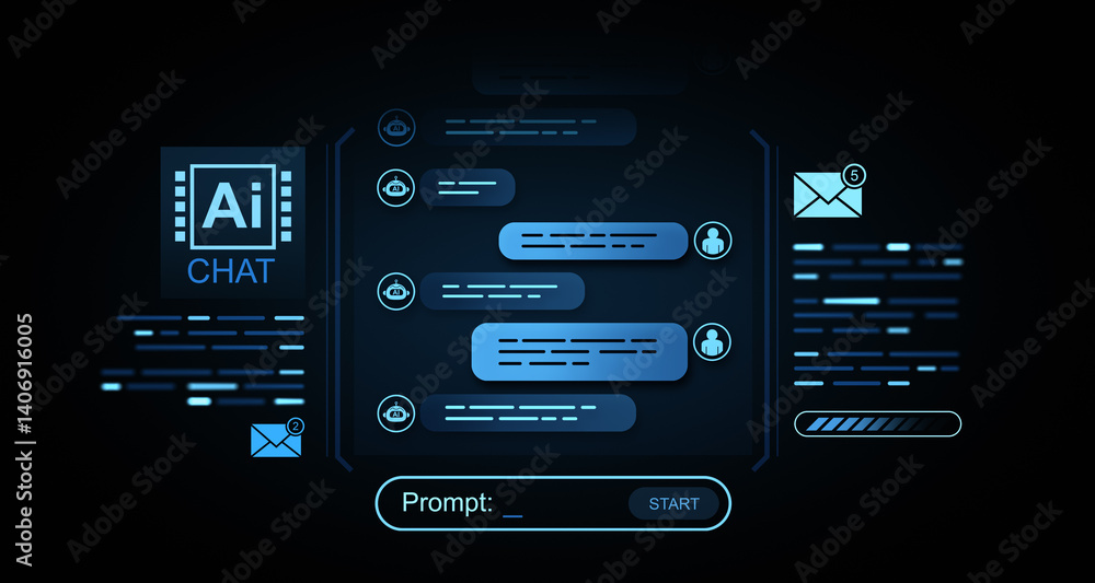 Futuristic AI chatbot interface with digital conversation bubbles and ...