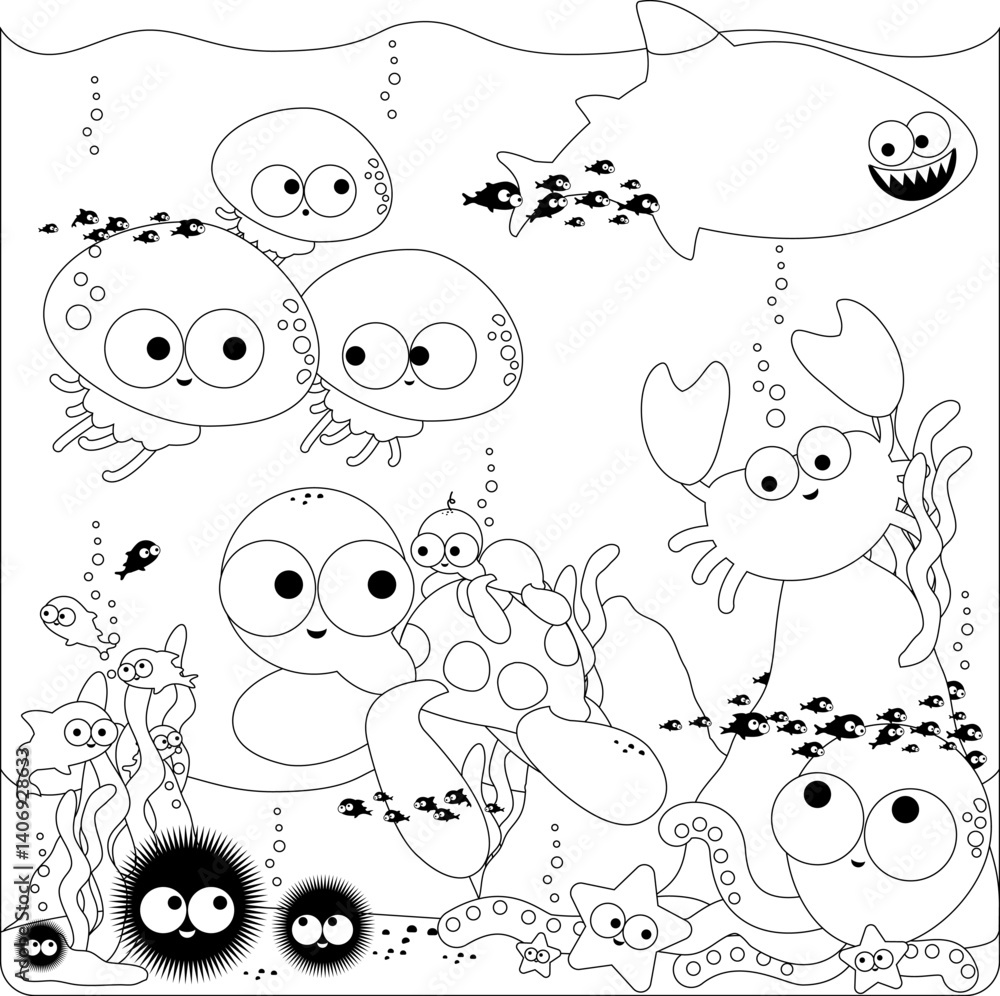 Cartoon sea animals under the sea. Fish, octopus, jellyfish, sea ...