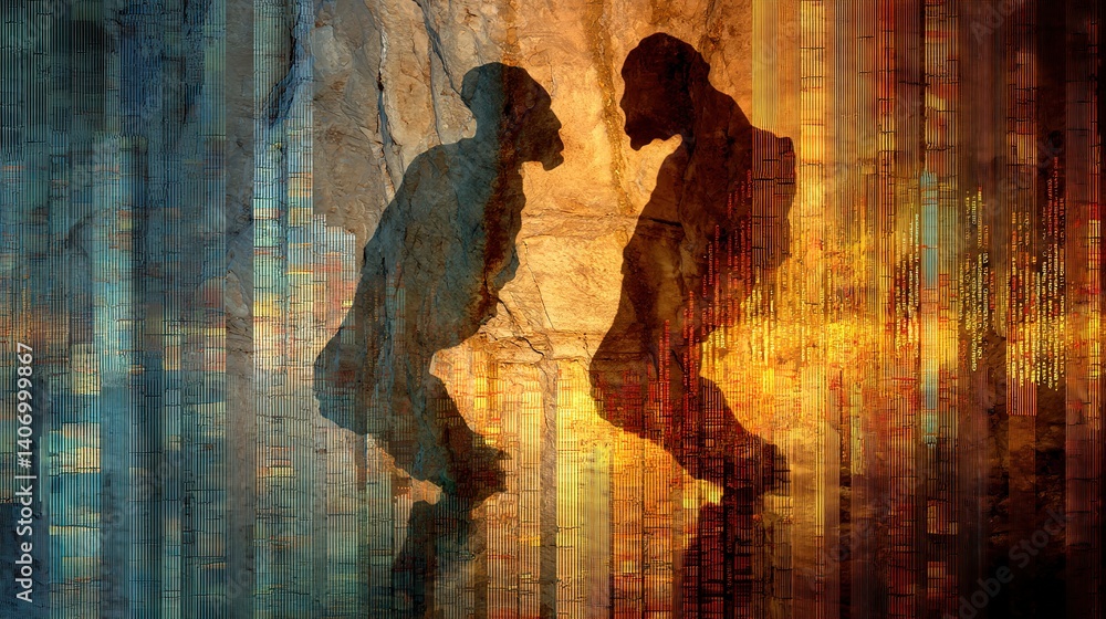 Two ancient humanoid figures merging into one silhouette against cave ...