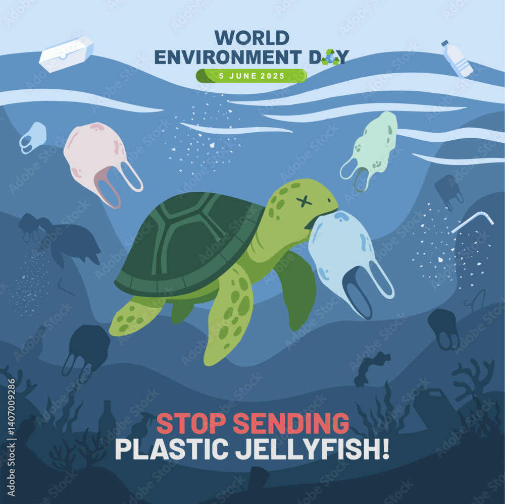 World Environment Day 2025 design of of sea turtle eating plastic bag ...