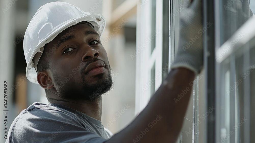 Laborer installing windows at a building site. Featuring precision and ...