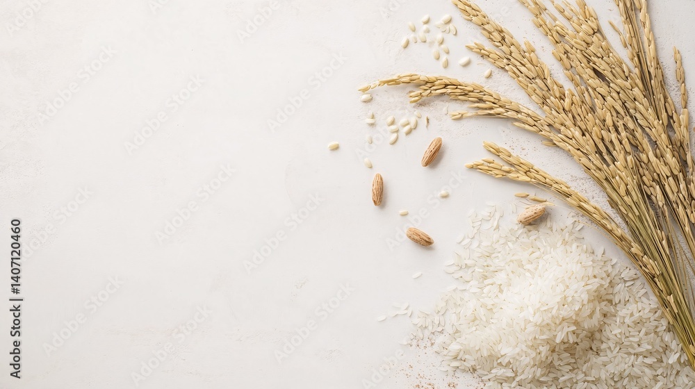 Ears of rice lying on white table with grains of rice and seeds Stock ...