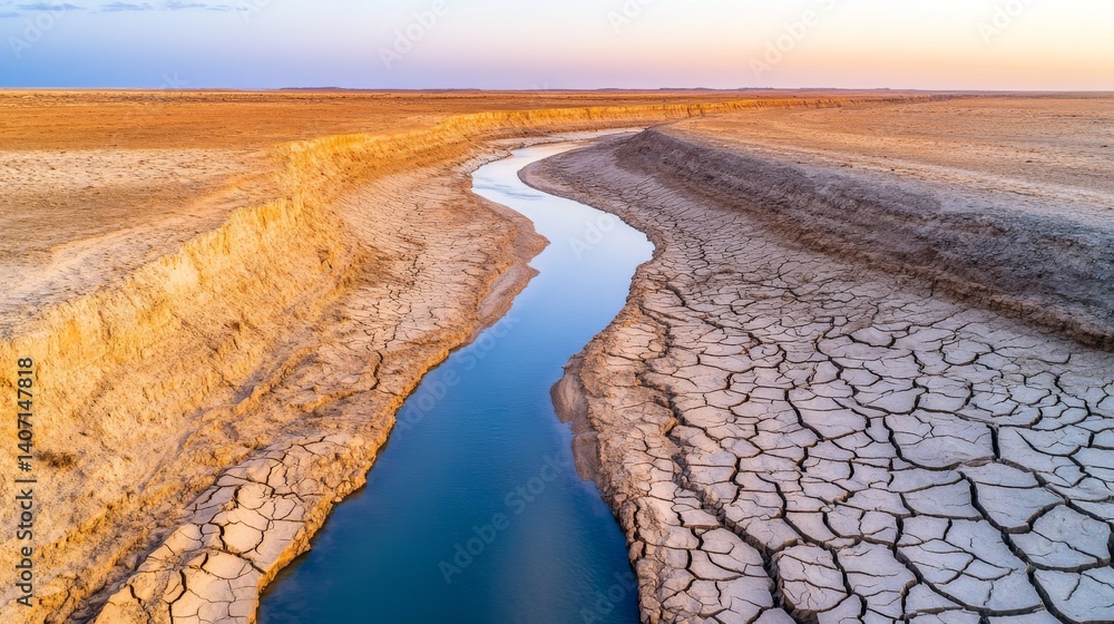 Dried river winding through cracked canyon, freshwater depletion, water ...