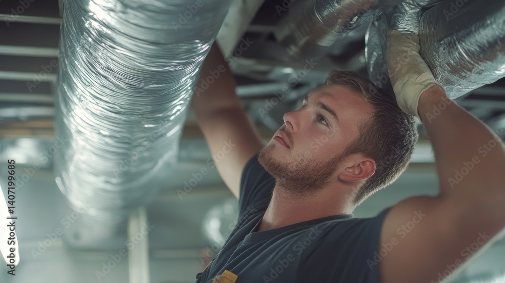 HVAC technician installing ductwork in a new building. Featuring skill ...