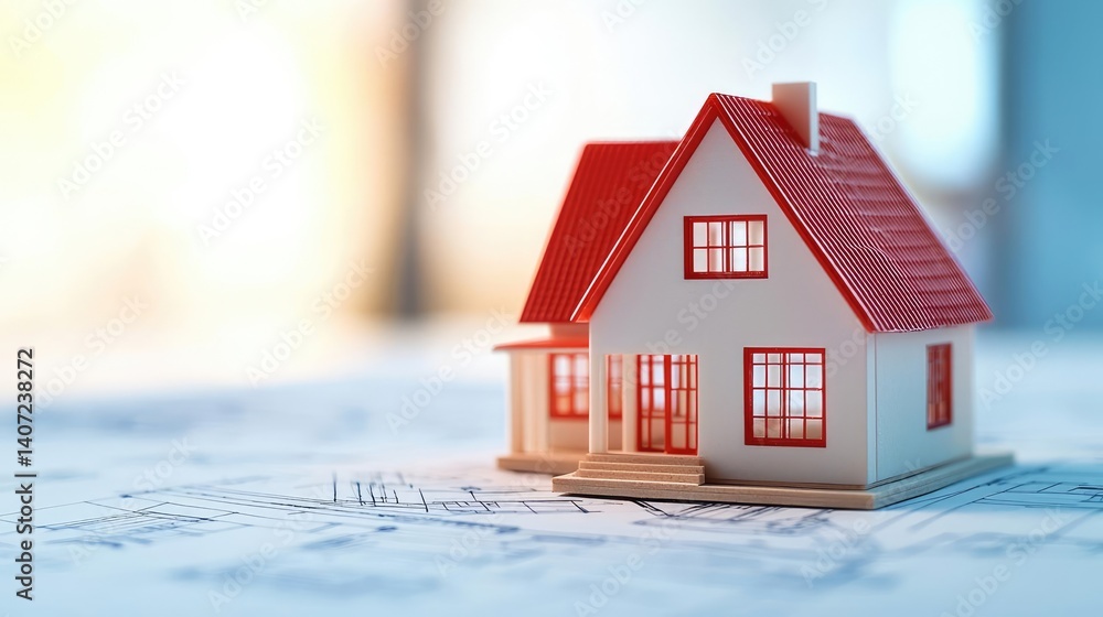 Building house on blueprint with dwelling and plan concept. A miniature ...