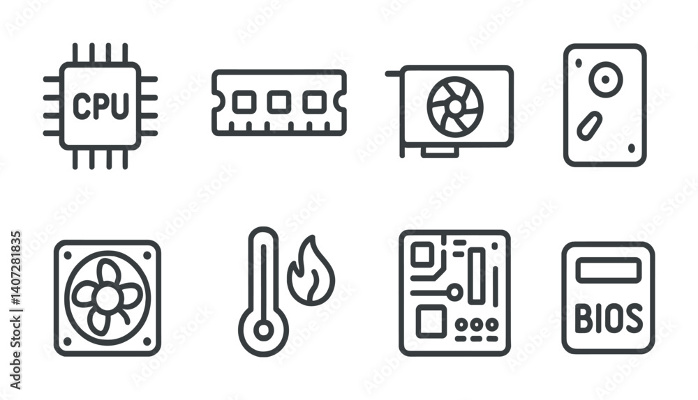 outline vector icons of hardware settings: CPU, RAM, GPU, storage, fan, temperature sensor ...