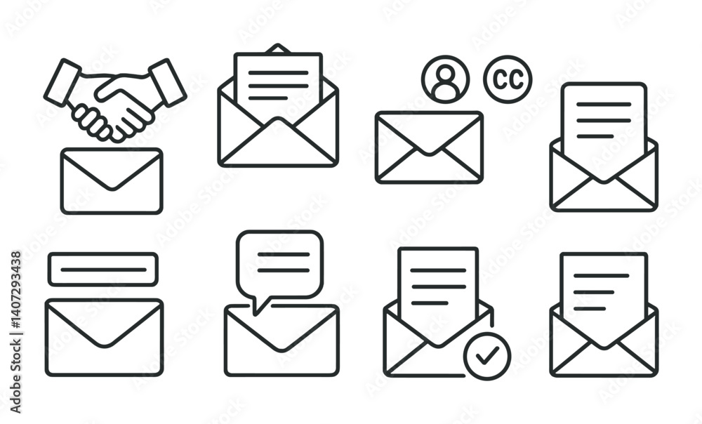 outline vector icons of professional email etiquette: formal greeting ...