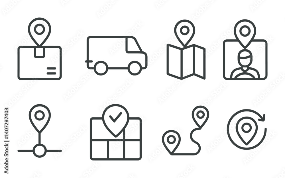 outline vector icons of delivery tracking: package pin, delivery van ...