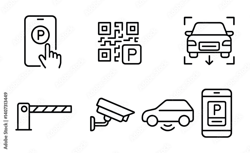 outline vector icons of smart parking systems: app control, QR code ...