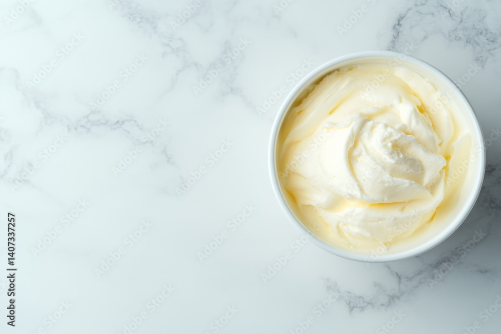 Soft ripples of creamy natural vanilla yogurt fill a white bowl ...