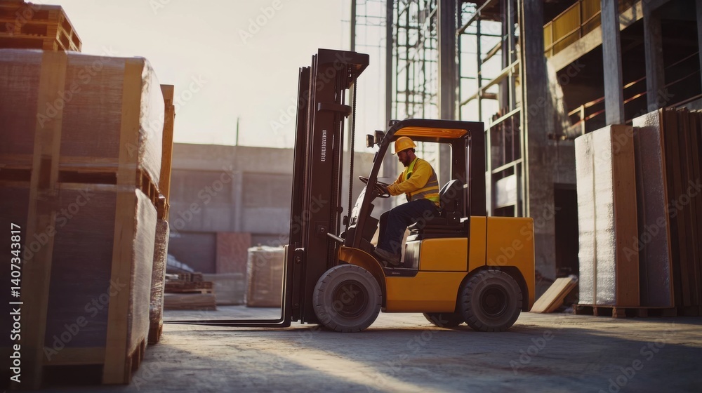 Construction laborer lifting materials using a forklift. Featuring ...
