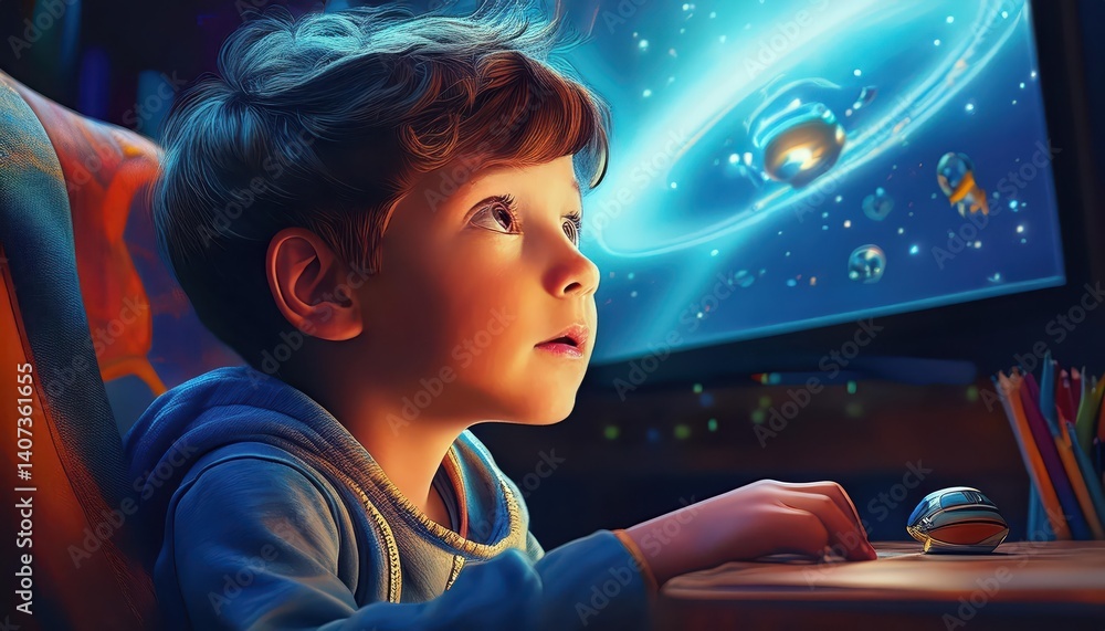An Enthralling Child Gazing at an Animated Cartoon Vivid Colors and ...