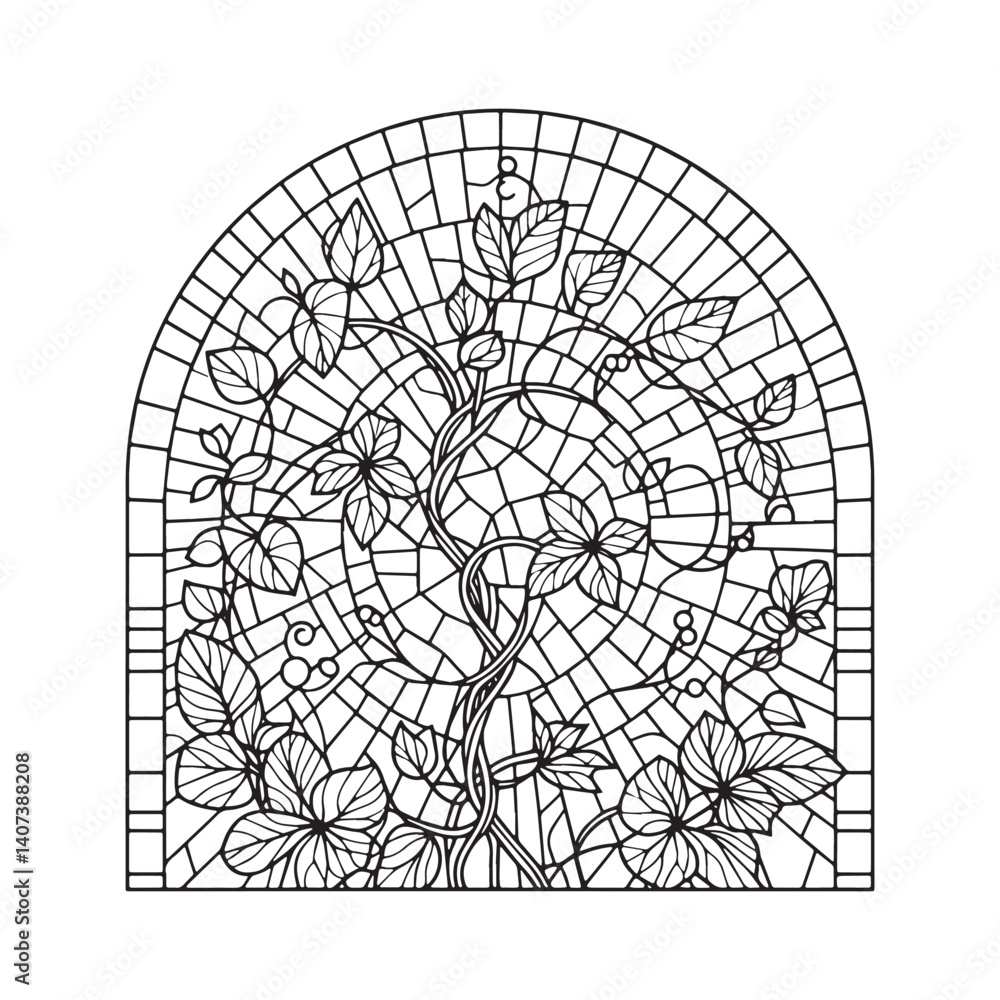 Abstract Line Art of a Vine Plant within a Geometric Segmented Archway ...