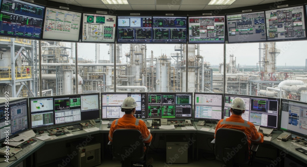 Industrial control room with engineers monitoring operations in ...