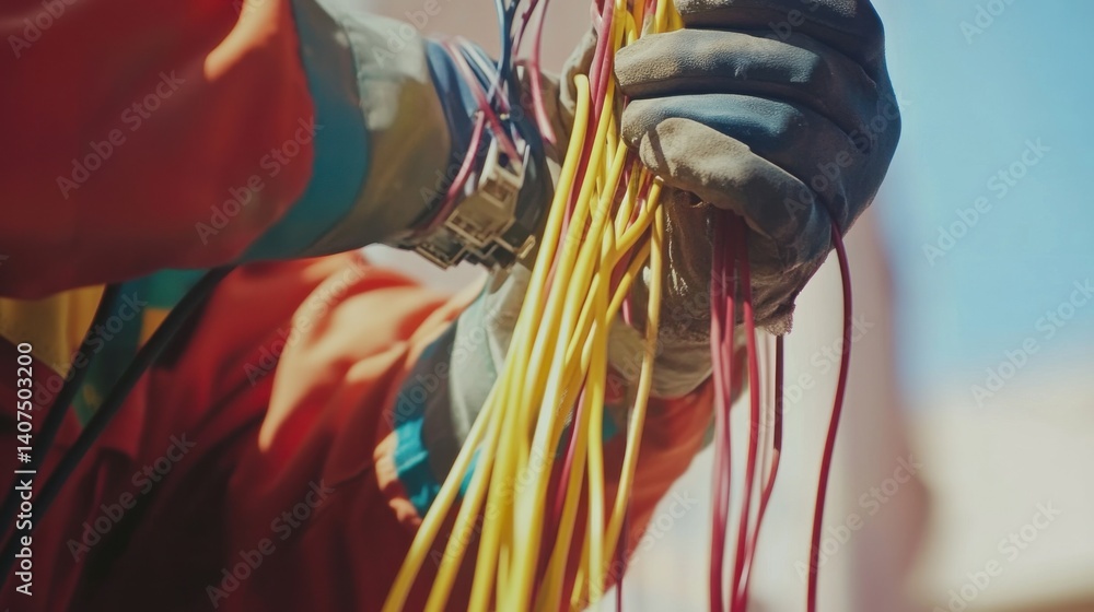 Construction worker fitting electrical wires into conduit. Featuring ...