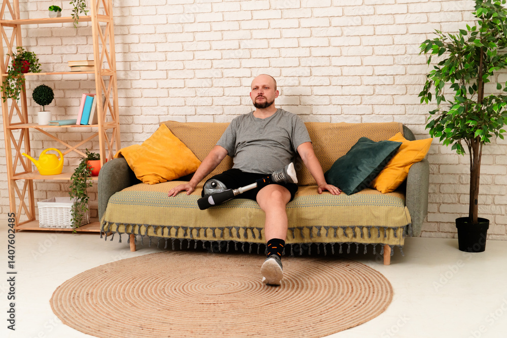Man amputee with bionic prosthesis leg disability spending time at home ...
