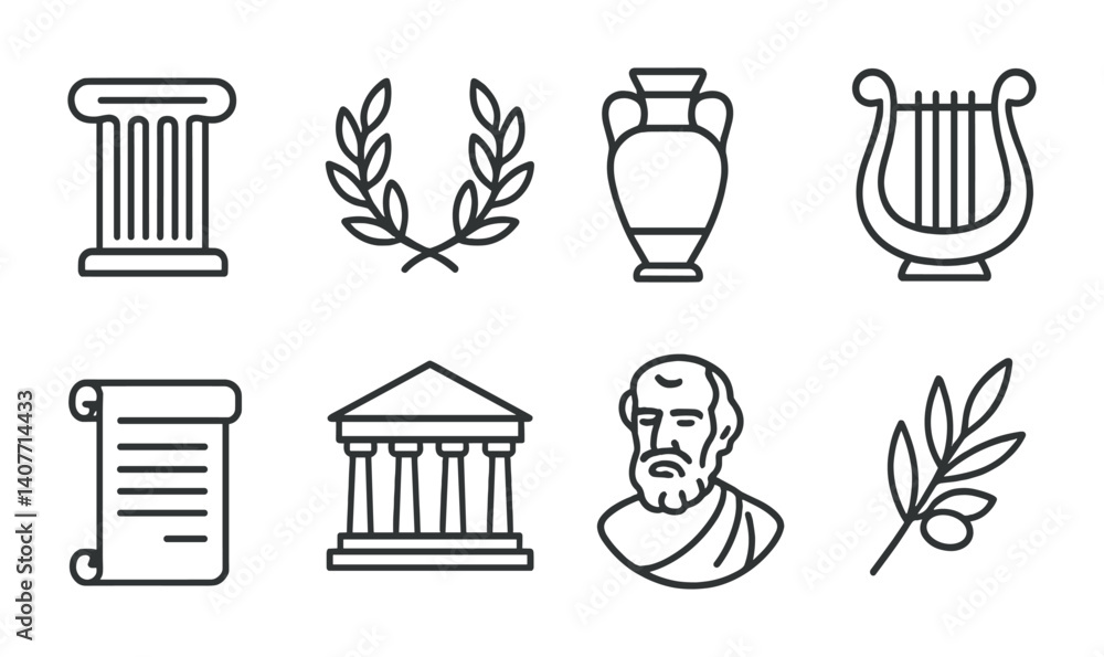 Ancient greek symbols: column, laurel, amphora, lyre, scroll, temple ...