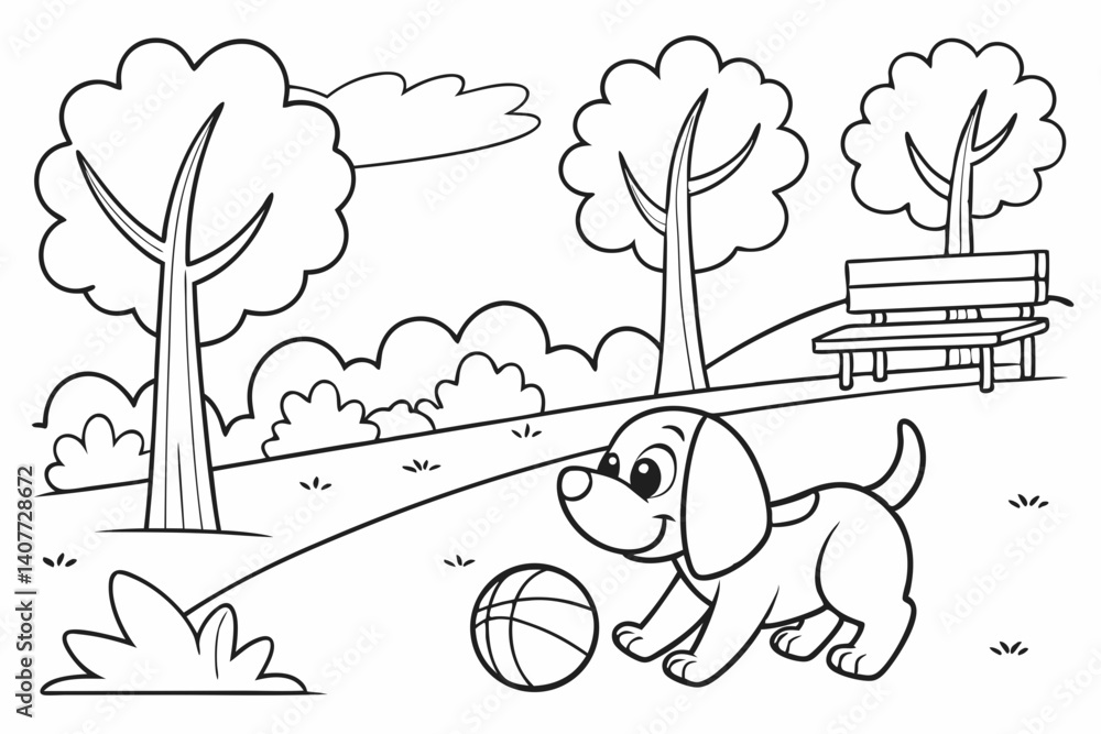 kids coloring page, a cute puppy playing ball in a park, cartoonish ...