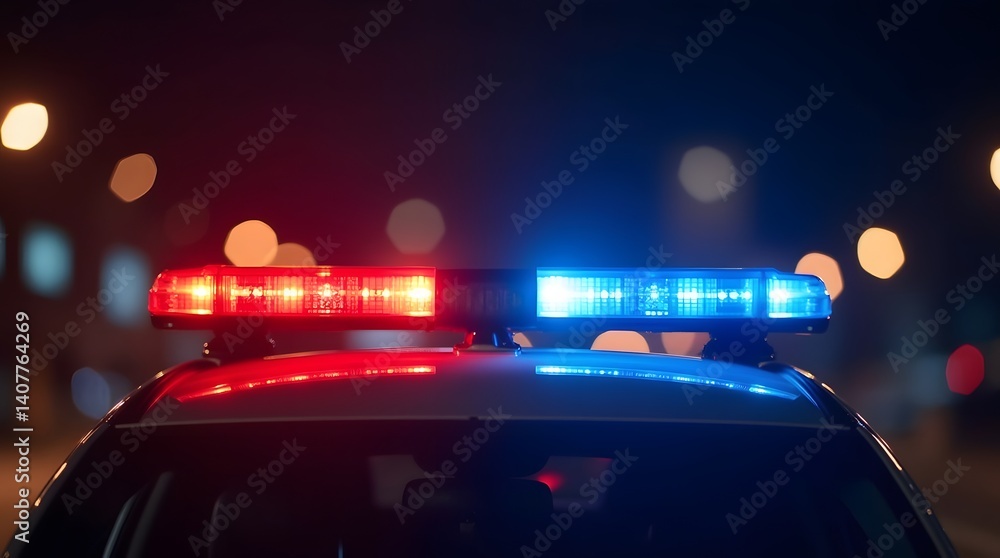 Police car lights at night. Emergency vehicle siren, red and blue. Law ...