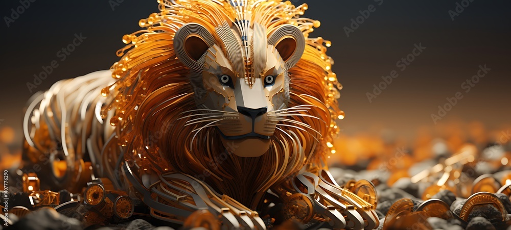 Paper quilling lion Nano Robot full body in a sea of diamonds, ai ...