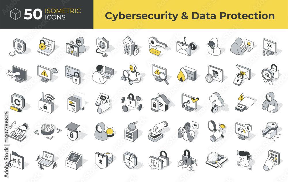 Cybersecurity, data protection, hacking, privacy, and online threats. Isometric icon set. Clean ...