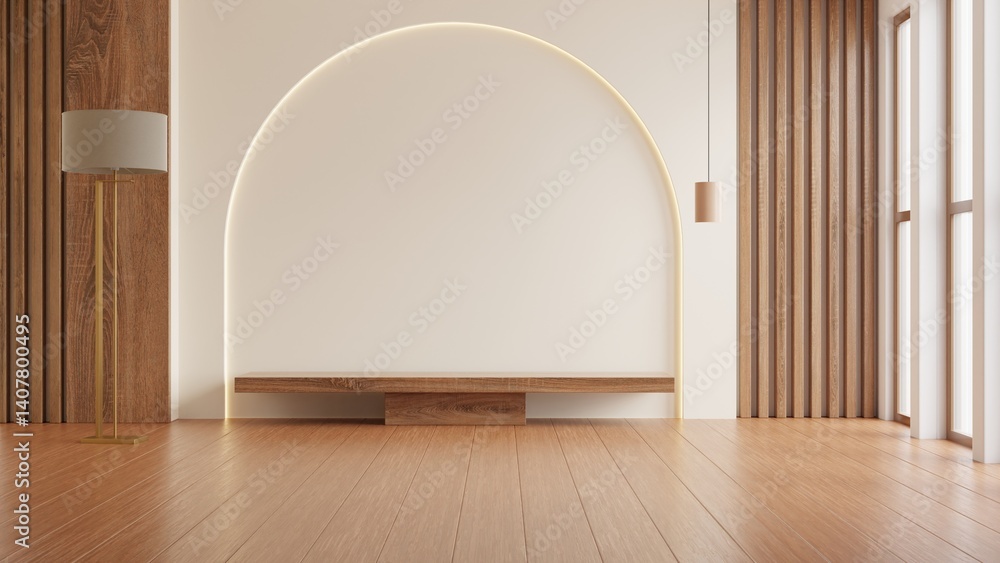 Modern empty living space featuring a curved recessed wall niche with ...