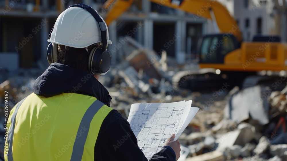 Demolition site supervisor overseeing controlled building teardown ...