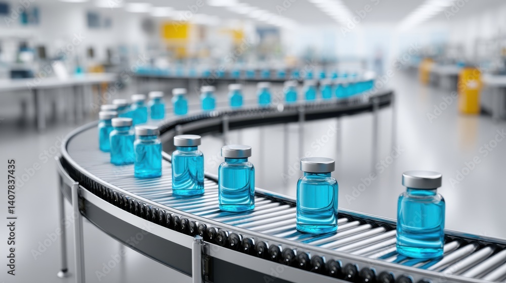 Blue vials on a conveyor belt in a factory, laboratory manufacturing ...