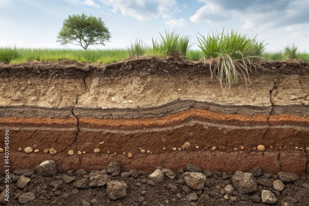 Underground earth texture, cross section of soil layers panorama ...