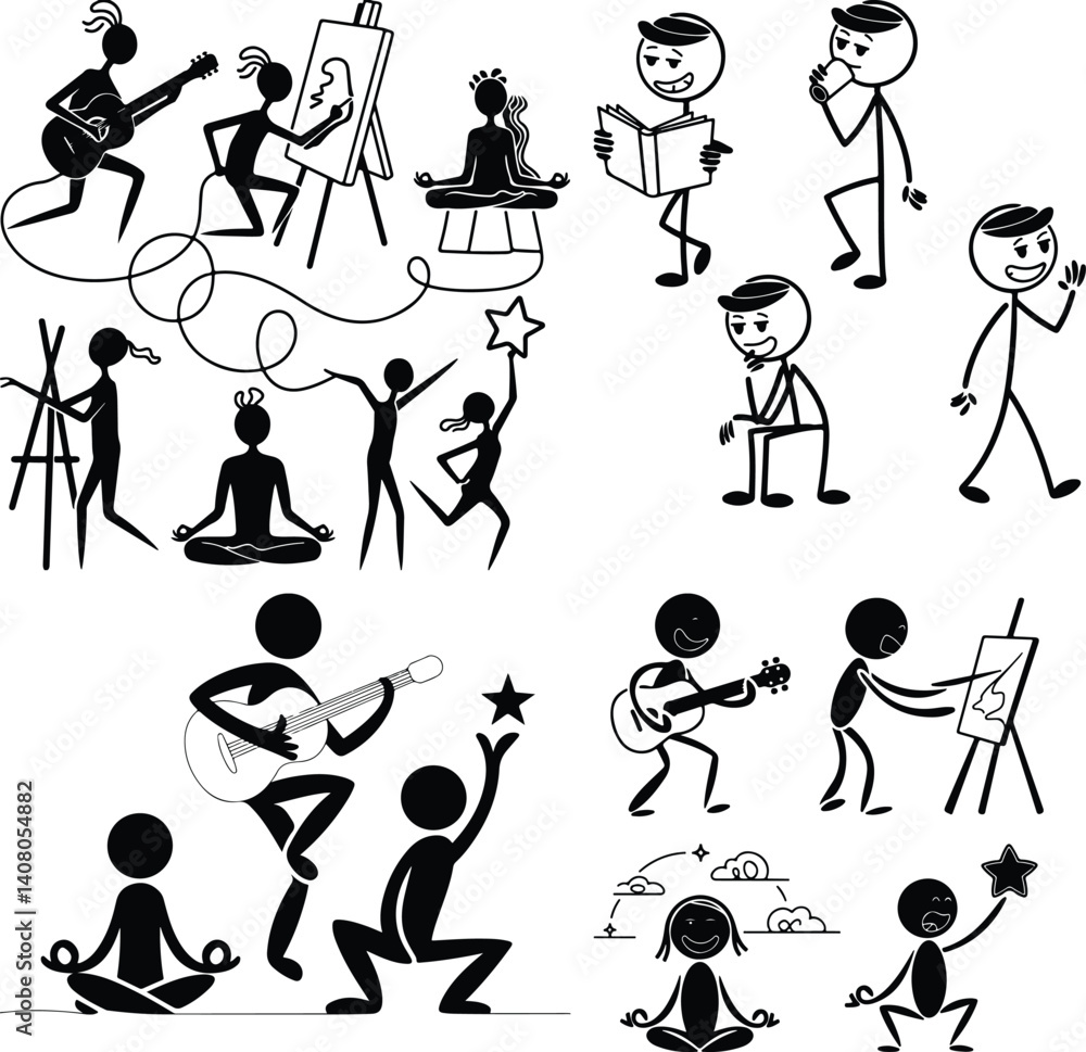 Stick Figure Silhouette Set | Minimal People Poses Vector Stickman ...