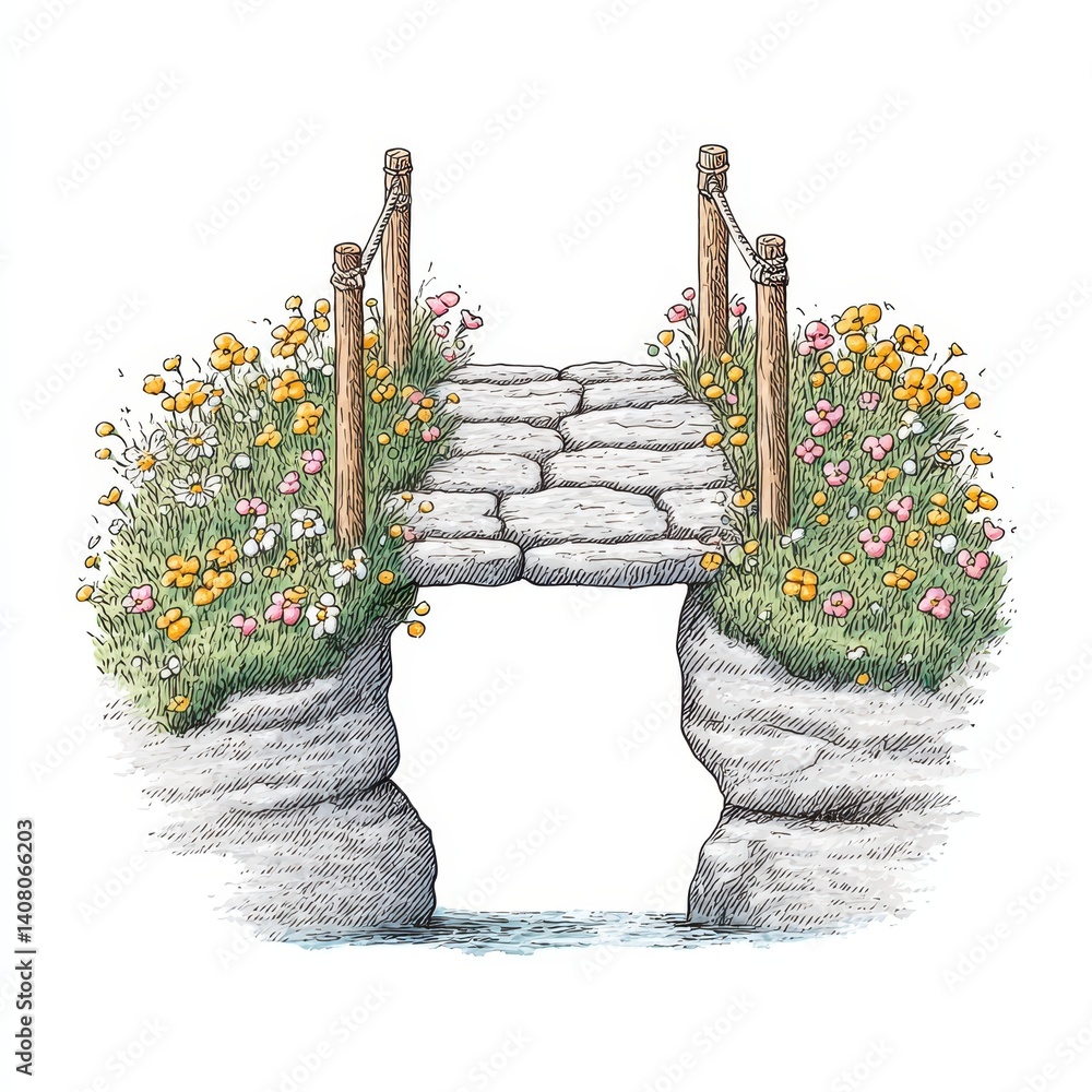 Watercolor Illustration of a Small Stone Bridge with Wildflowers Stock ...