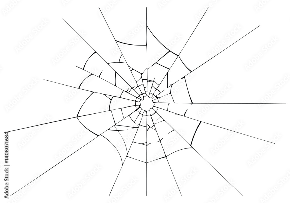 High contrast black and white illustration of cracked glass with bullet ...