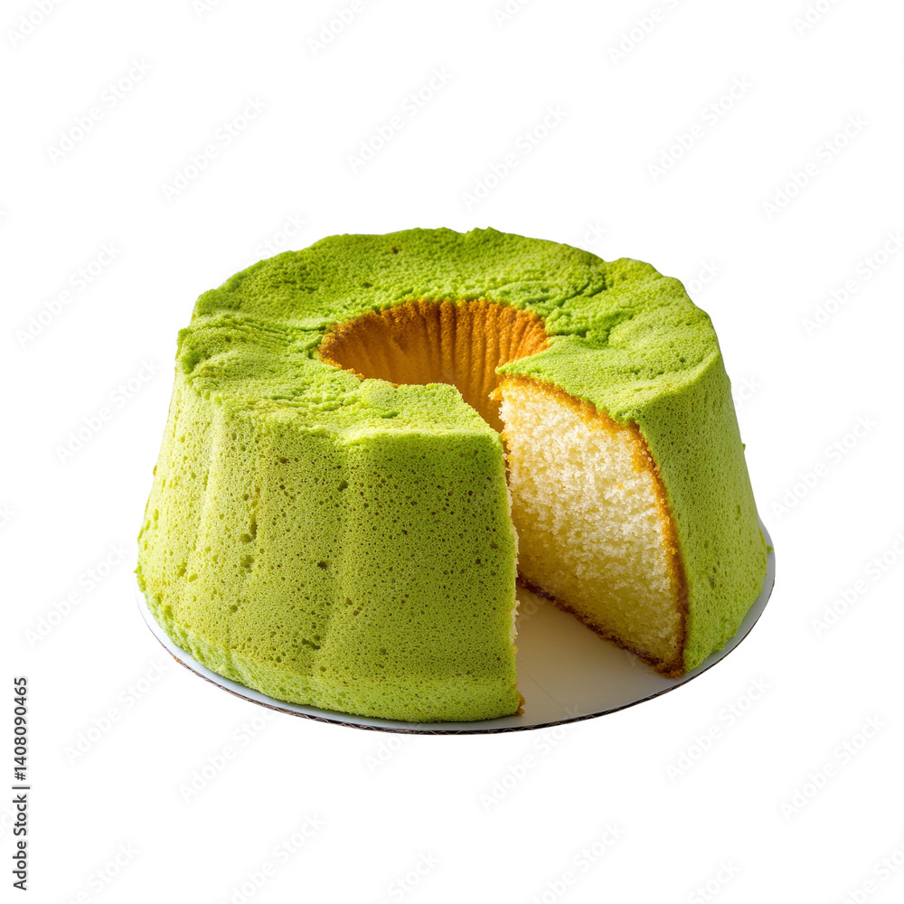 Delicious Matcha Green Tea Angel Food Cake, A Slice Removed, on White ...