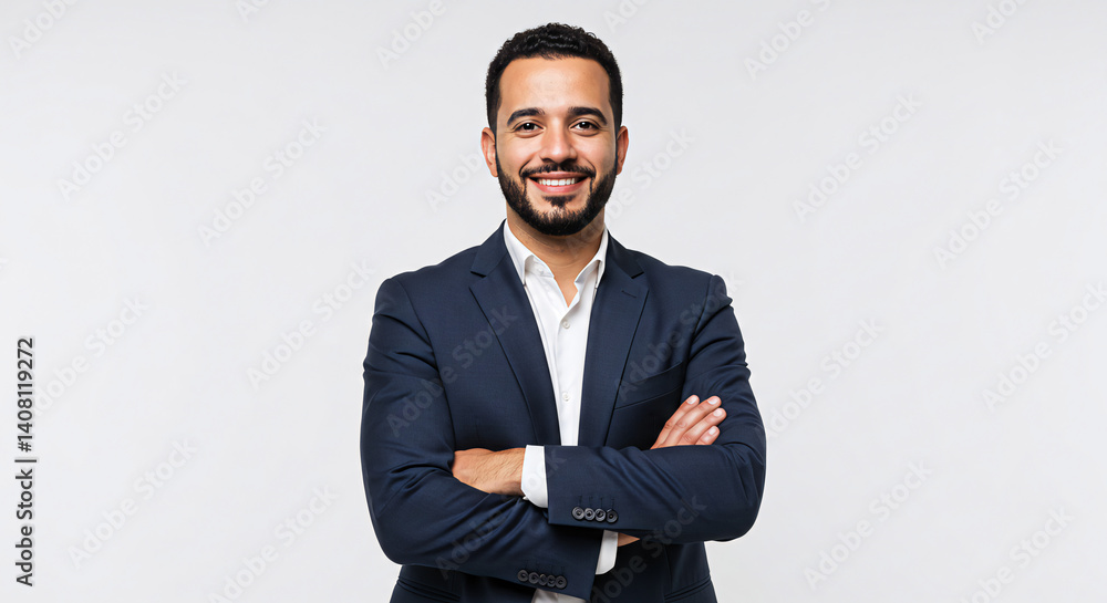 Foto Confident businessman brazilian crossing arms, smiling, white ...