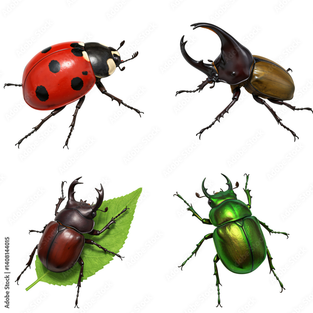 Four different types of beetles, including a ladybug, two rhinoceros ...
