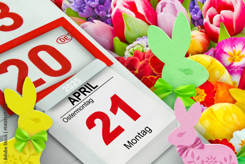 Deutscher Kalender Ostern 20. und 21. April 2025 mit Blumen und ...