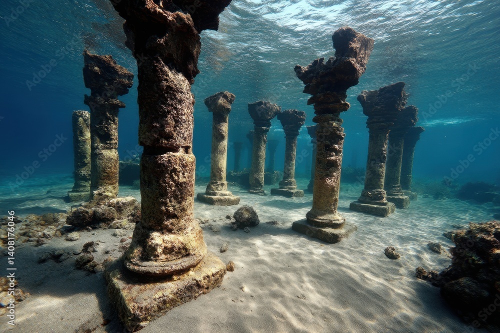 Ruined, algae-covered columns lie partially submerged in clear ocean ...