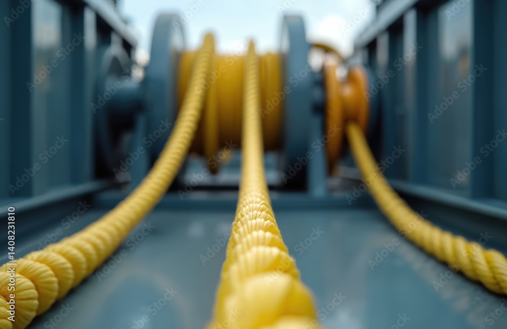 Marine hydraulic winch with yellow ropes for mooring. Industrial ...