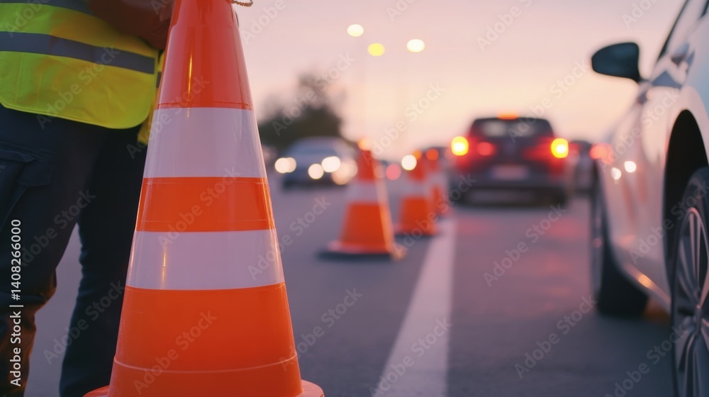 Traffic management worker setting up safety cones on a busy roadway ...