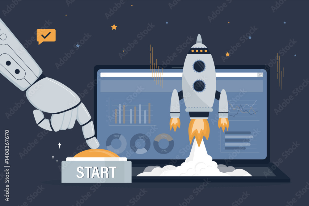 Robot hand presses giant start button with finger. Rocket takeoff from laptop screen, startup ...